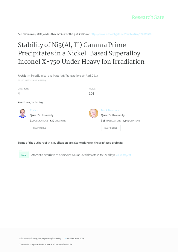 (PDF) Stability of Ni3(Al, Ti) Gamma Prime Precipitates in a Nickel ...