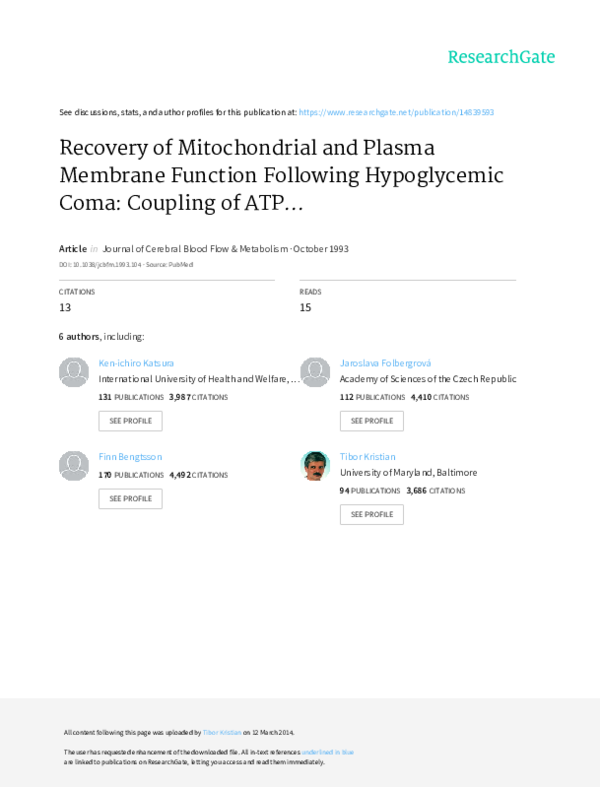 (PDF) Recovery of Mitochondrial and Plasma Membrane Function Following ...