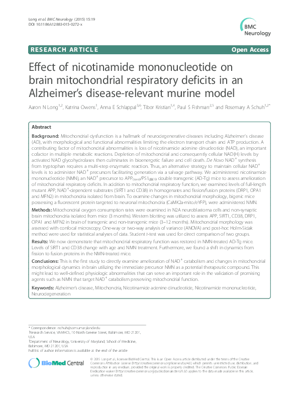 (PDF) Effect of nicotinamide mononucleotide on brain mitochondrial respiratory deficits in an ...