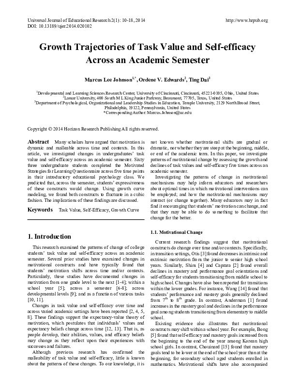 (PDF) Growth Trajectories of Task Value and Self-efficacy Across an ...