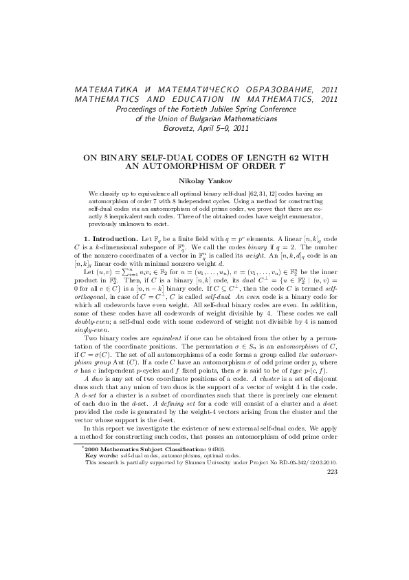 (PDF) On Binary Self-Dual Codes of Length 62 with an Automorphism of Order 7