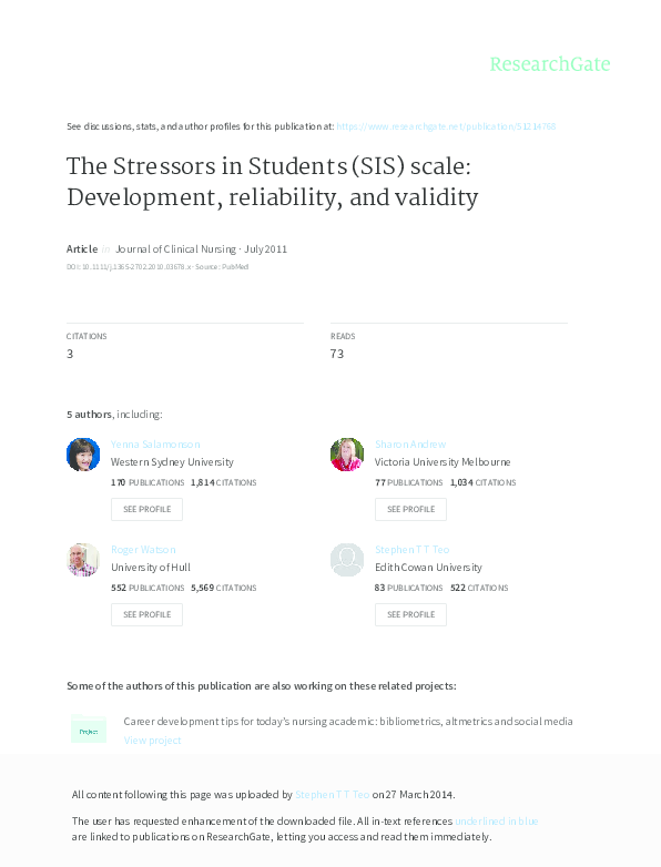 (PDF) The Stressors in Students (SIS) scale: development, reliability ...