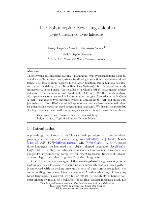 Pdf The Polymorphic Rewriting Calculus Type Checking Vs Type Inference