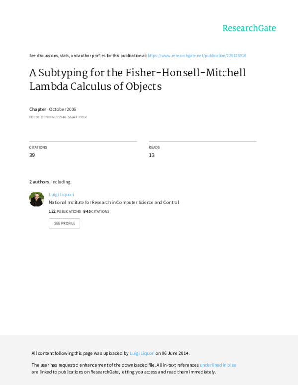 (PDF) A subtyping for the Fisher-Honsell-Mitchell lambda calculus of objects