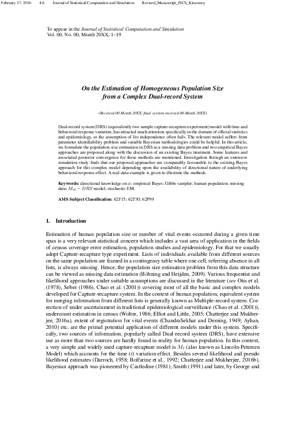 (PDF) On the Estimation of Homogeneous Population Size in a Complex ...
