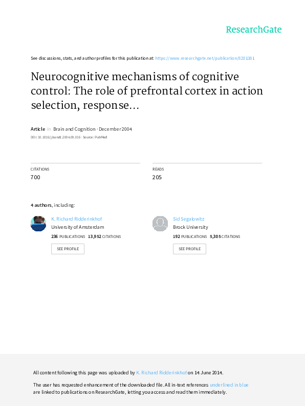 (PDF) Neurocognitive mechanisms of cognitive control: The role of prefrontal cortex in action ...