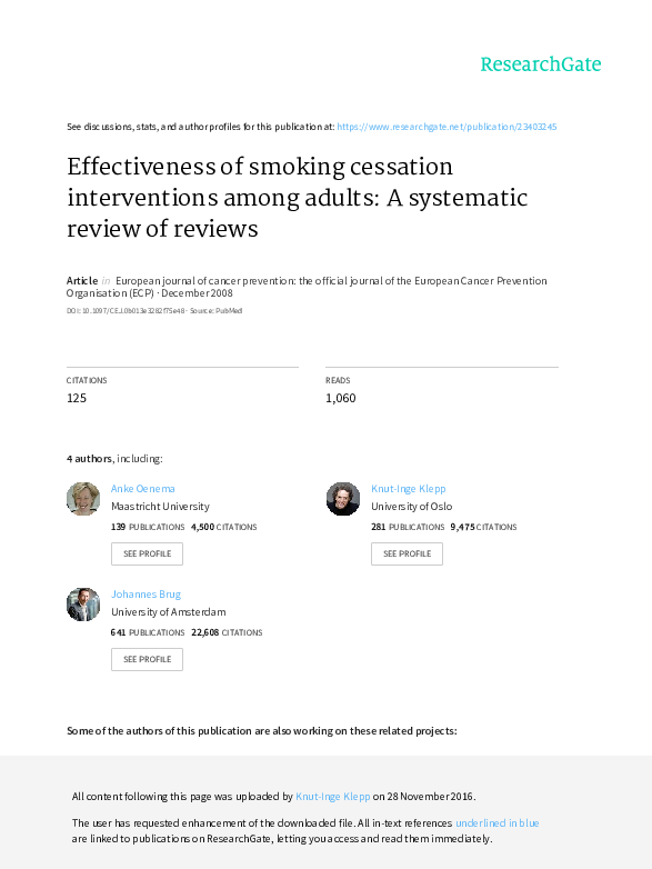 (PDF) Effectiveness of smoking cessation interventions: review of ...