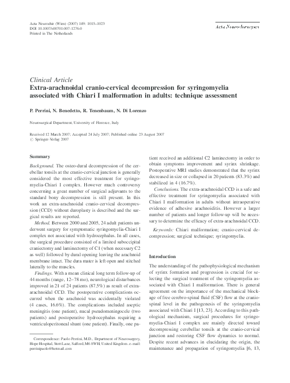 (PDF) Extra-arachnoidal cranio-cervical decompression for syringomyelia ...