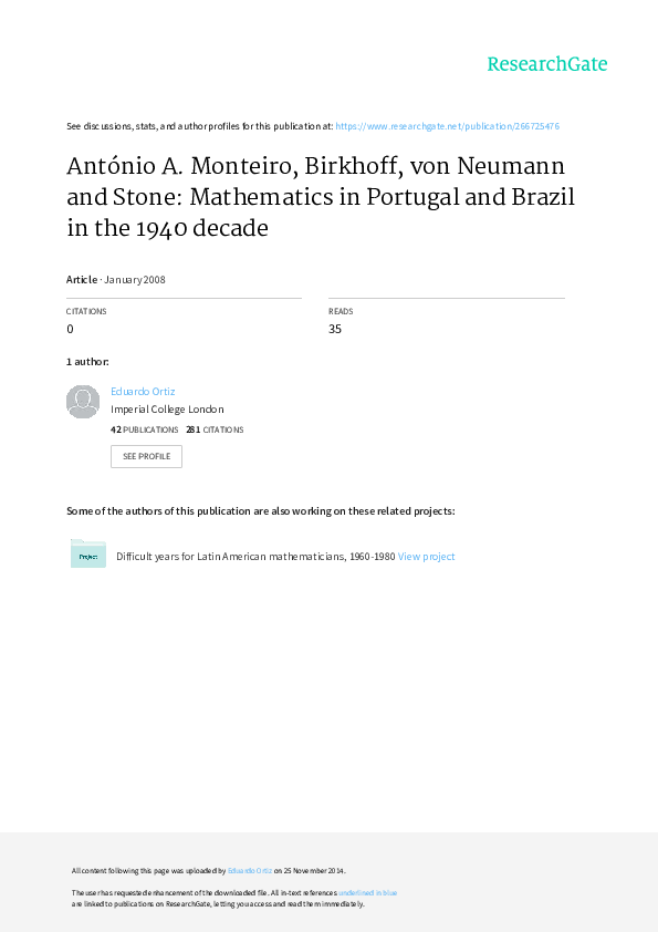 (PDF) António A. Monteiro, Birkhoff, von Neumann and Stone: Mathematics ...