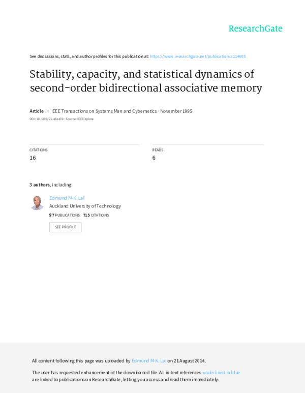 (PDF) Stability, capacity, and statistical dynamics of second-order bidirectional associative memory
