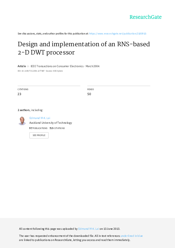 (PDF) Design and Implementation of an RNS-based 2D DWT Processor
