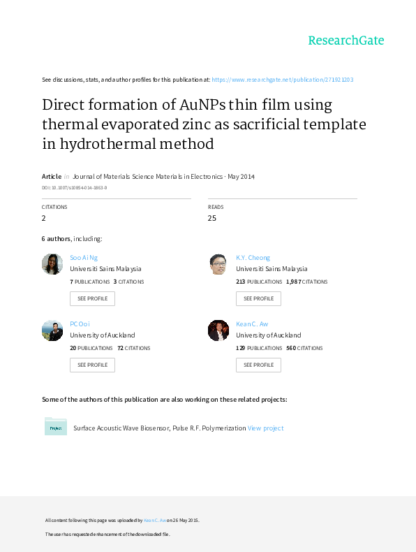 (PDF) Direct formation of AuNPs thin film using thermal evaporated zinc ...