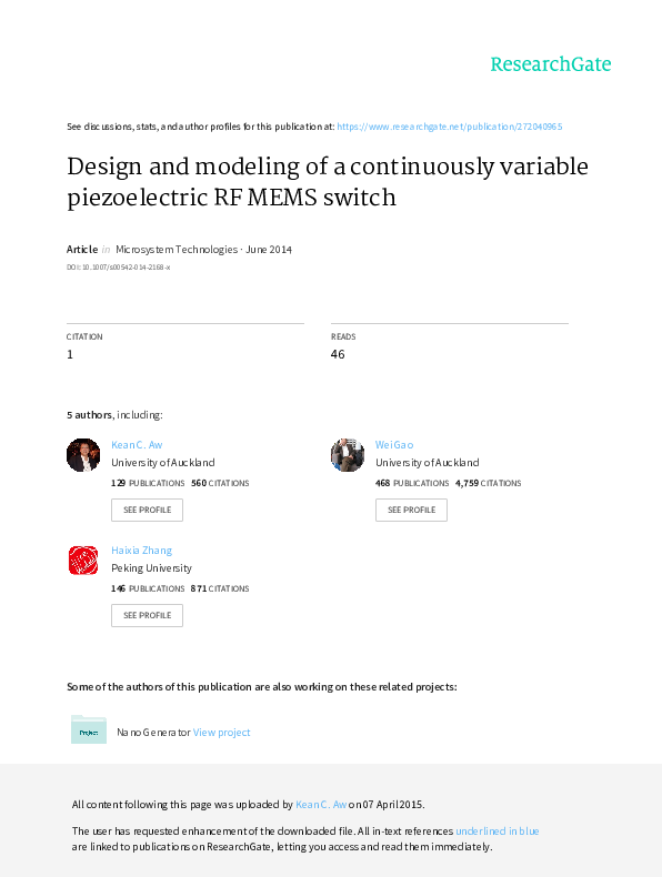 (PDF) Design and modeling of a continuously variable piezoelectric RF MEMS switch