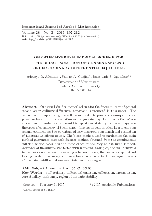 Pdf One Step Hybrid Numerical Scheme For The Direct Solution Of General Second Order Ordinary