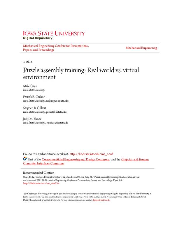 (PDF) Puzzle assembly training: Real world vs. virtual environment