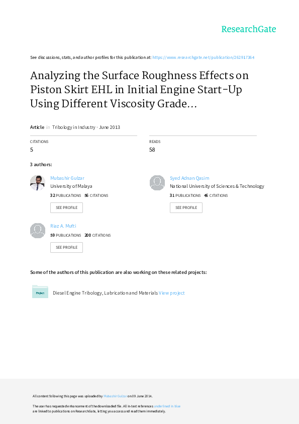 (PDF) Analyzing the surface roughness effects on Piston Skirt EHL in ...