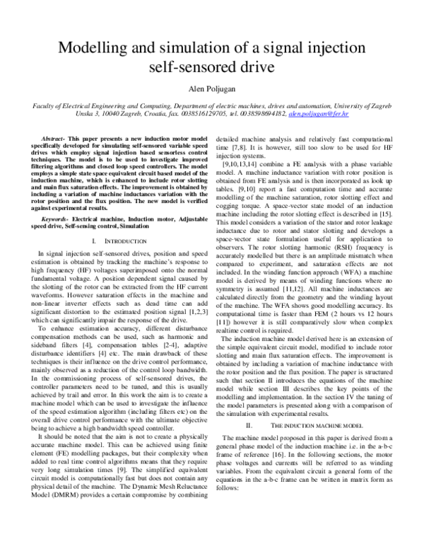Pdf Modelling And Simulation Of A Signal Injection Self Sensored Drive