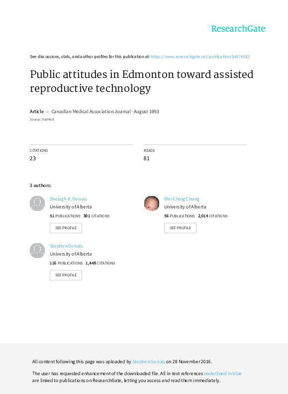 (PDF) Public attitudes in Edmonton toward assisted reproductive technology