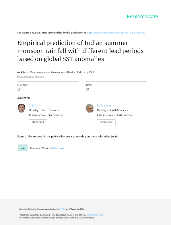(PDF) Empirical prediction of Indian summer monsoon rainfall with ...