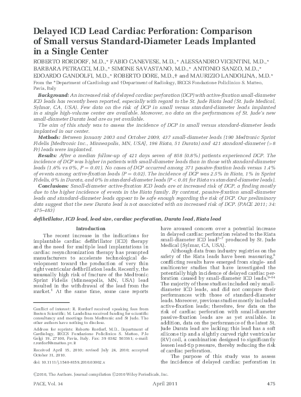 (PDF) Delayed ICD lead cardiac perforation: comparison of small versus ...
