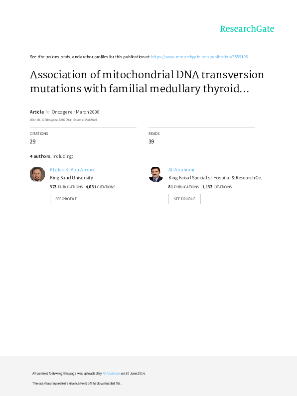 (PDF) Association of mitochondrial DNA transversion mutations with ...