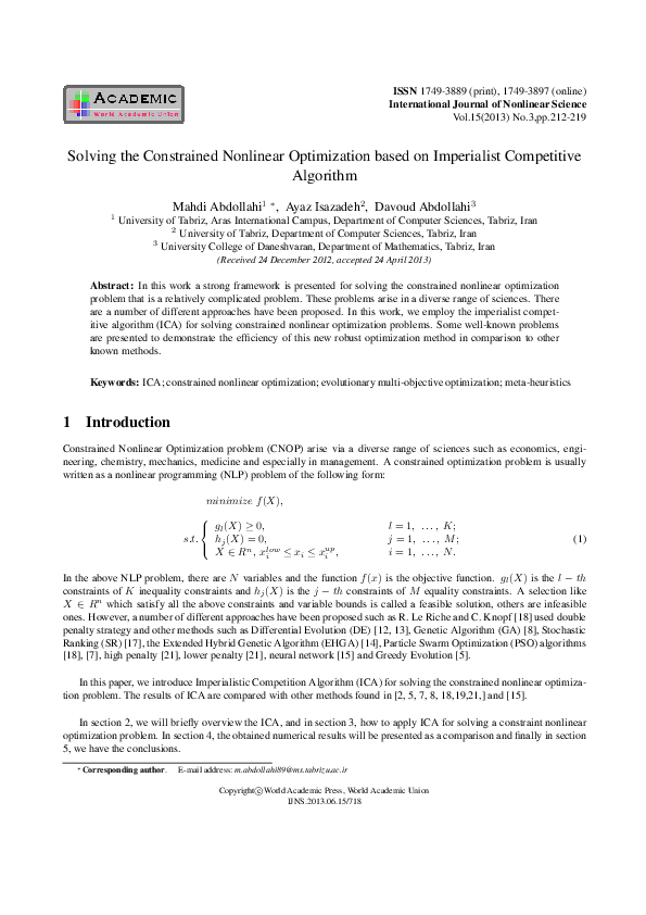 (PDF) Solving the Constrained Nonlinear Optimization based on Imperialist Competitive Algorithm