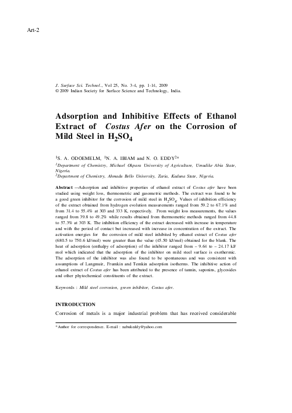 (PDF) Adsorption and Inhibitive Effects of Ethanol Extract of Costus Afer on the Corrosion of ...