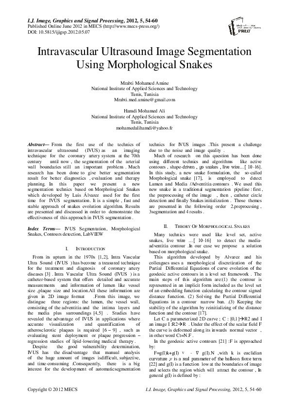 (PDF) Intravascular Ultrasound Image Segmentation Using Morphological Snakes