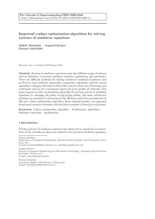 (PDF) Improved cuckoo optimization algorithm for solving systems of ... (PDF) Improved cuckoo optimization algorithm for solving systems of ...