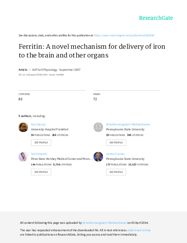 (PDF) Ferritin: a novel mechanism for delivery of iron to the brain and ...