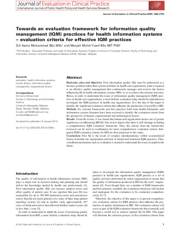 (PDF) Towards an evaluation framework for information quality management (IQM) practices for ...