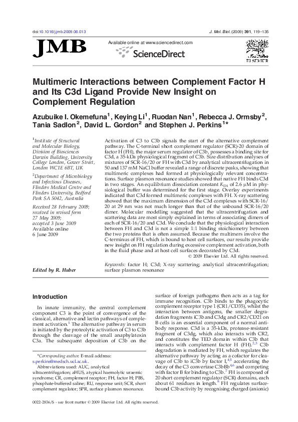 (PDF) Multimeric Interactions between Complement Factor H and Its C3d Ligand Provide New Insight ...