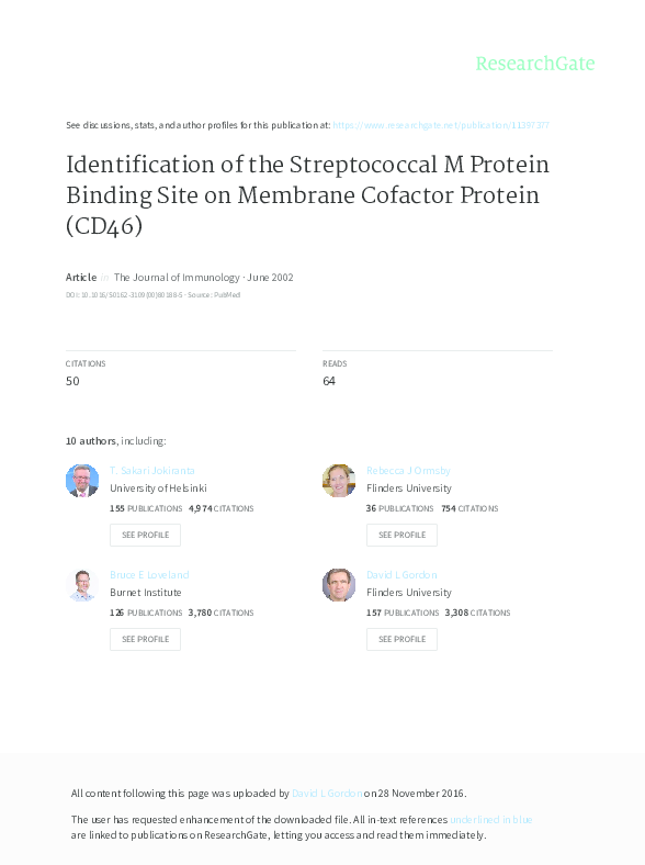 (PDF) Identification of the Streptococcal M Protein Binding Site on ...