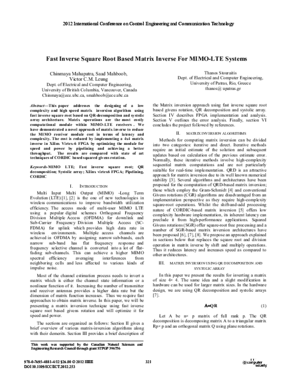 Pdf Fast Inverse Square Root Based Matrix Inverse For Mimo Lte Systems