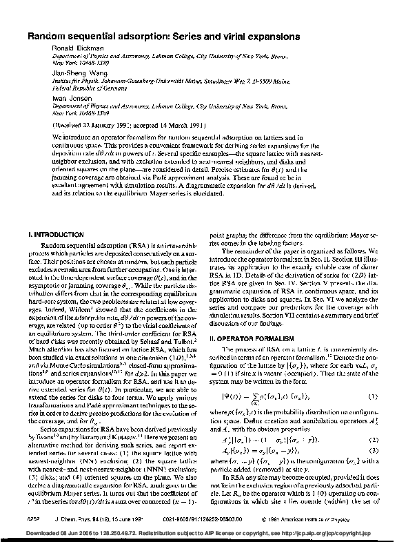 (PDF) Random sequential adsorption: Series and virial expansions