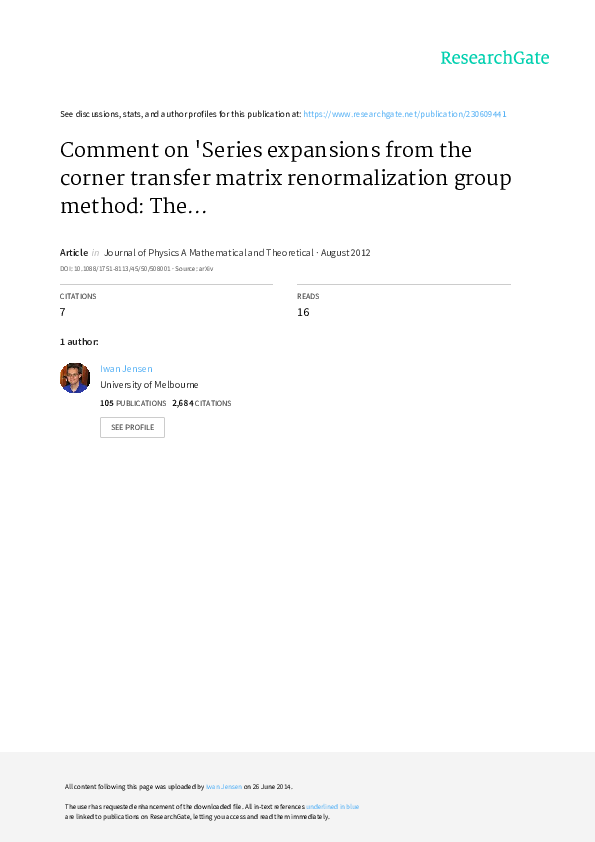 (PDF) Comment on ‘Series expansions from the corner transfer matrix ...