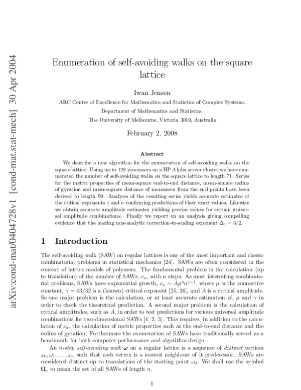 Pdf Enumeration Of Self Avoiding Walks On The Square Lattice