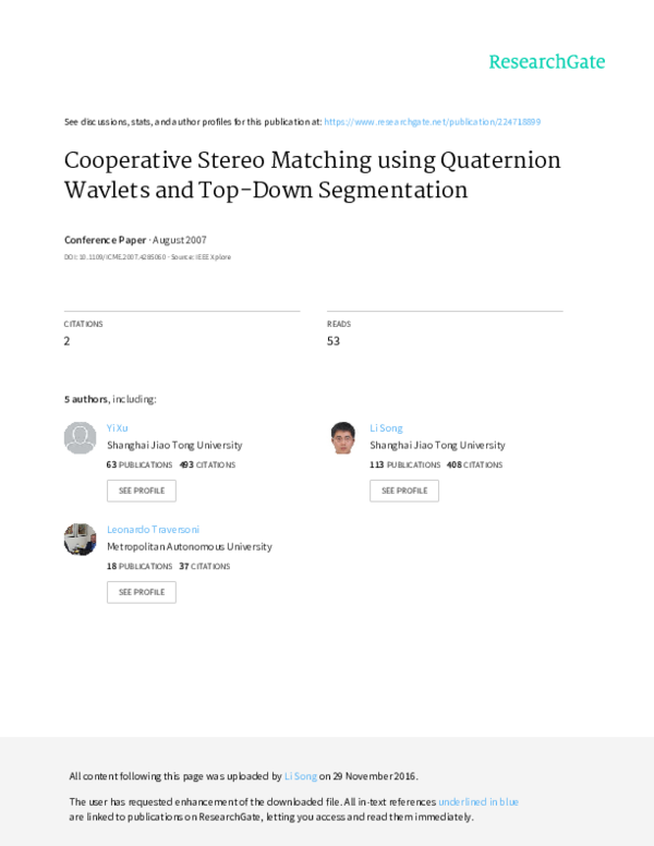 (PDF) Cooperative stereo matching using quaternion wavlets and top-down segmentation