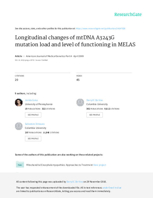 (PDF) Longitudinal changes of mtDNA A3243G mutation load and level of ...