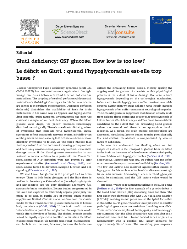 (PDF) Glut1 deficiency: CSF glucose. How low is too low?