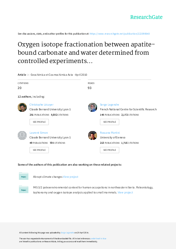 (PDF) Oxygen isotope fractionation between apatite-bound carbonate and ...