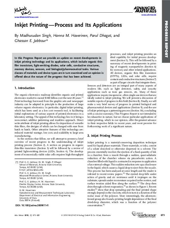 (PDF) Inkjet printing—process and its applications