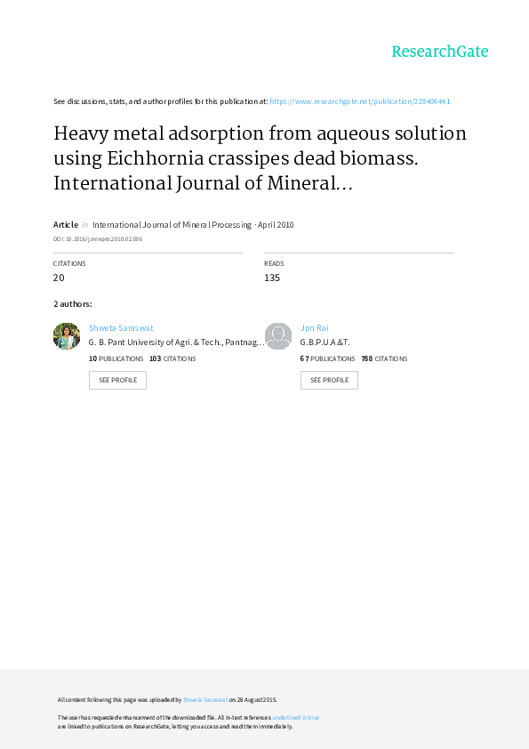 (PDF) Heavy metal adsorption from aqueous solution using Eichhornia ...