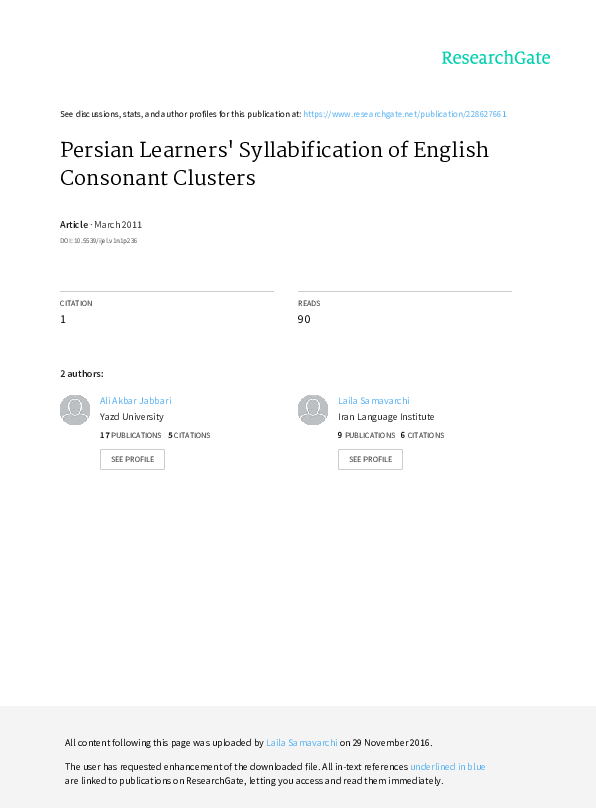 (PDF) Persian Learners' Syllabification of English Consonant Clusters