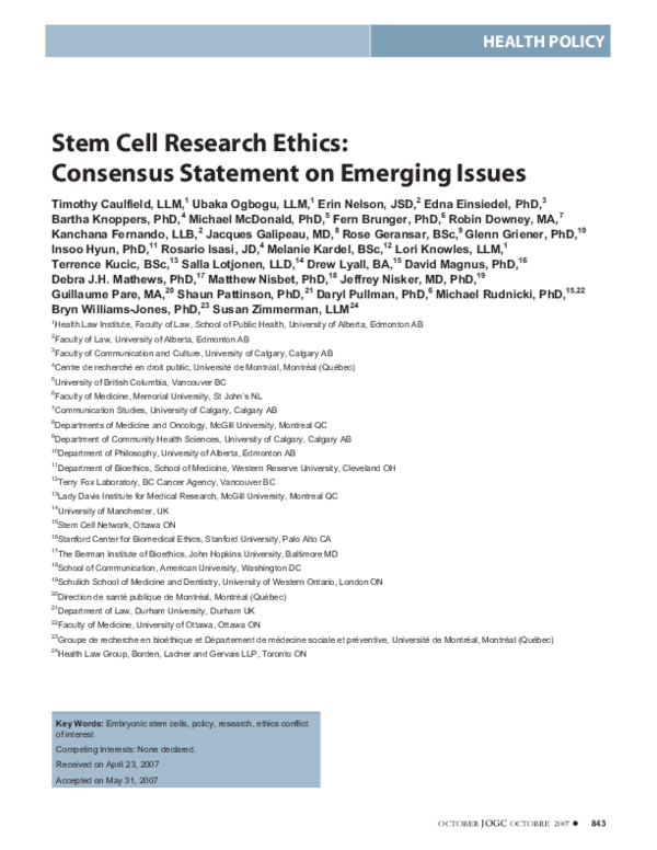 (PDF) Stem cell research ethics: consensus statement on emerging issues
