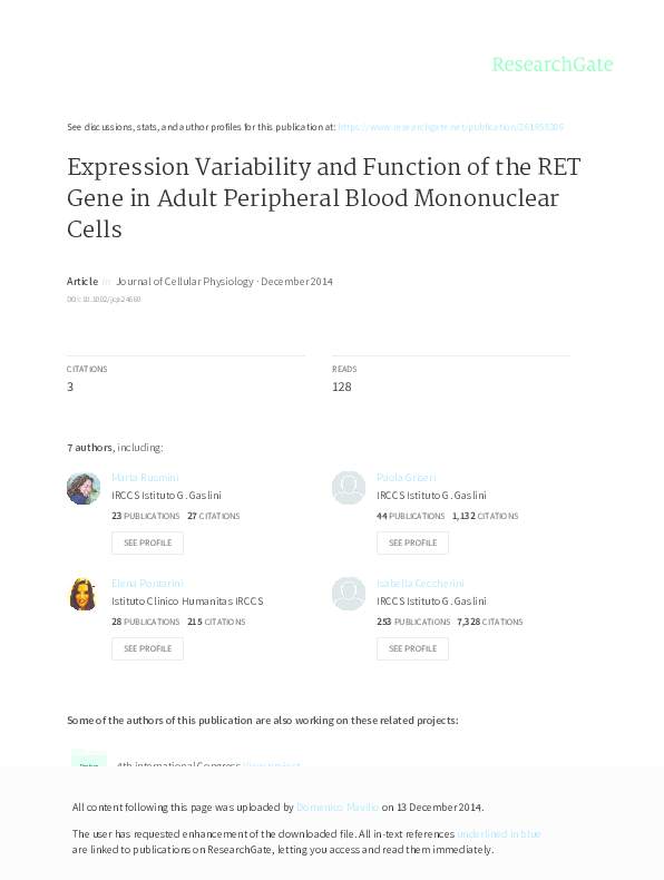 (PDF) Expression Variability and Function of the RET Gene in Adult ...