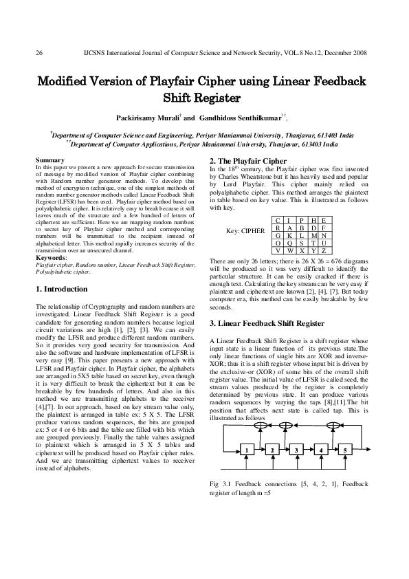 Pdf Modified Version Of Playfair Cipher Using Linear Feedback Shift Register Praveen Satija