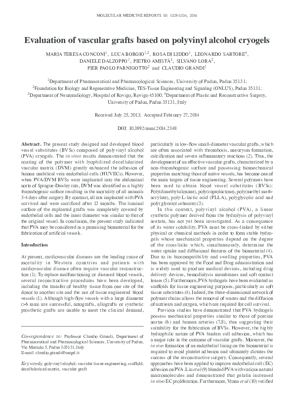 (PDF) Evaluation of vascular grafts based on polyvinyl alcohol cryogels ...
