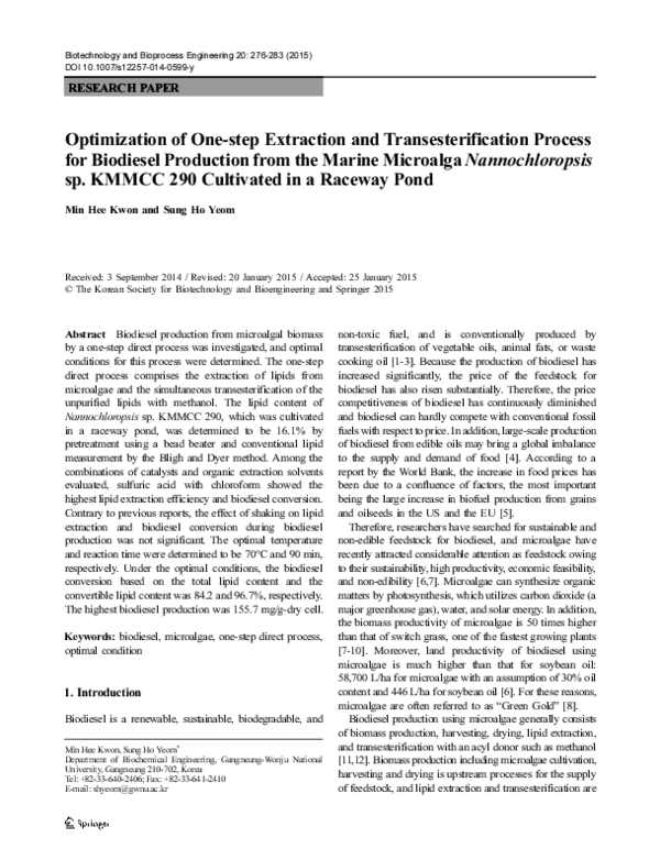 (PDF) Optimization of One-step Extraction and Transesterification ...