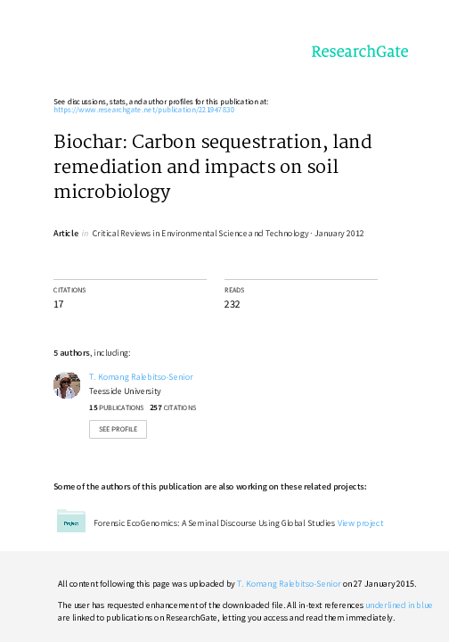 (PDF) Biochar: carbon sequestration, land remediation and impacts on ...
